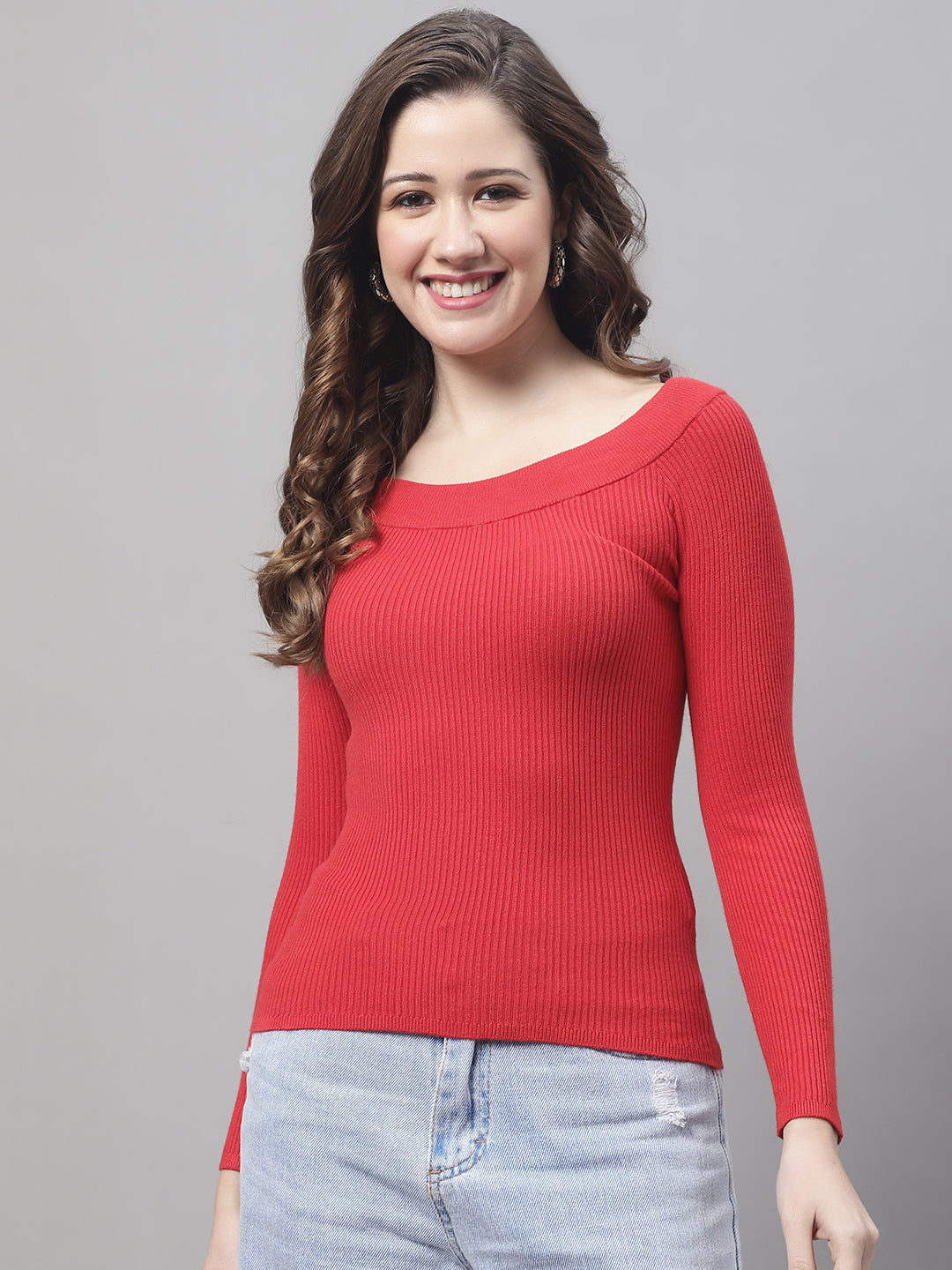 Full Sleeve Boat Neck Ribbed Red Top – NoBarr