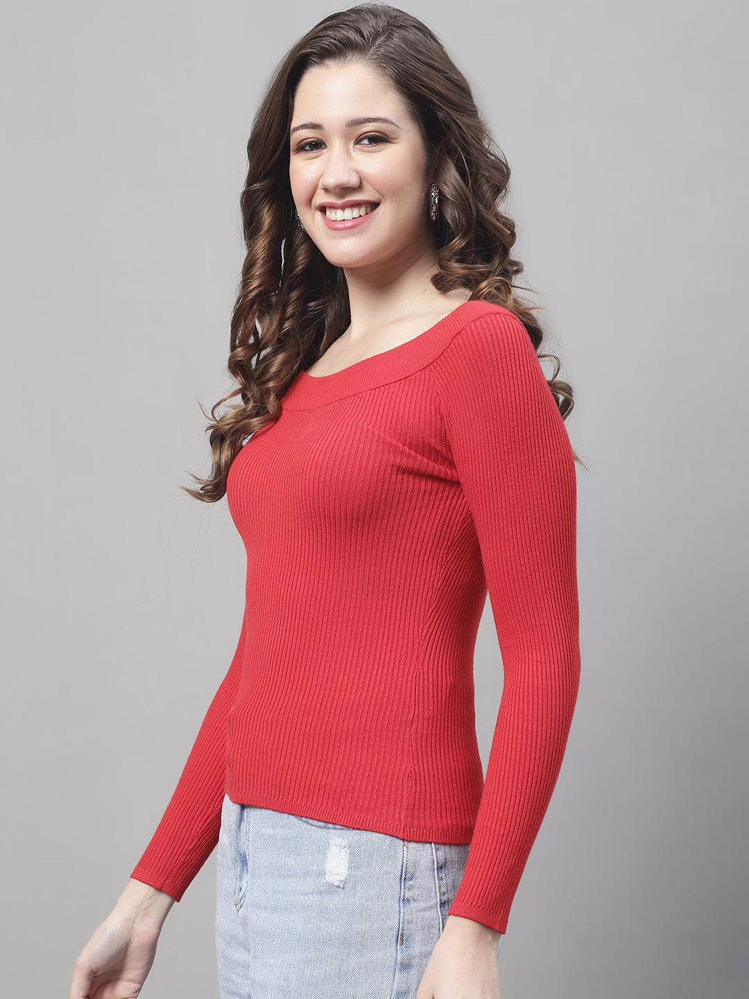 Full Sleeve Boat Neck Ribbed Red Top – NoBarr